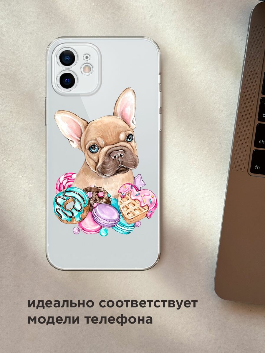 Чехол на Apple iPhone 12 mini / Айфон 12 Мини с принтом "Бульдог и сладости", прозрачный — фото 1