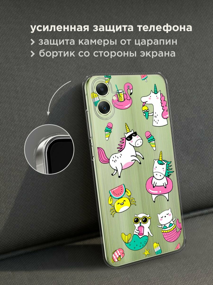 Чехол на Samsung Galaxy A06 / Самсунг Галакси А06 с принтом "Единороги в отпуске", прозрачный — фото 1