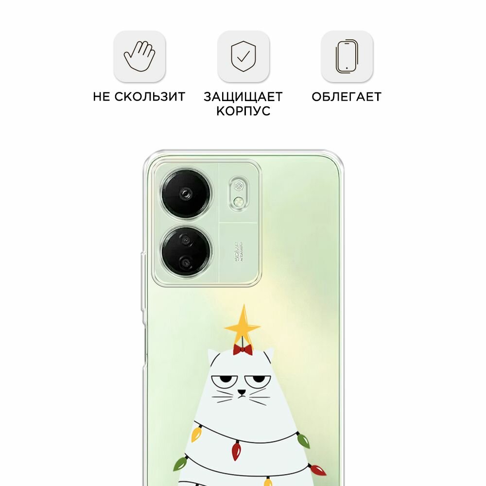 Чехол на Xiaomi Redmi 13C/Poco C65 / Сяоми Редми 13C/Поко С65 с принтом Котик в гирлянде, прозрачный — фото 1