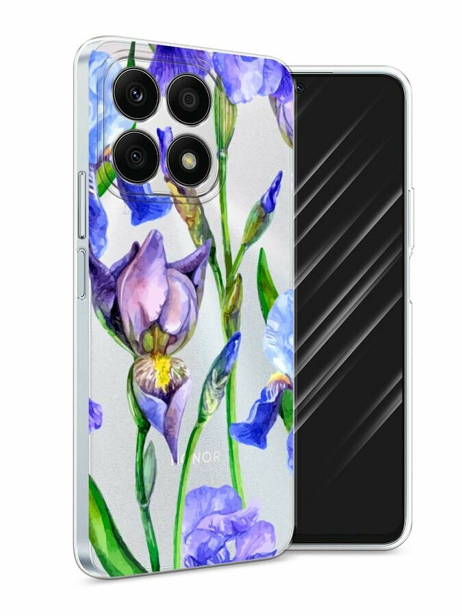 Чехол на Honor X8A / Хонор X8A с принтом "Синие ирисы", прозрачный