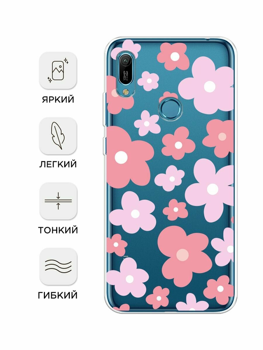 Чехол на Honor 8A/8A Pro/Huawei Y6s/Y6 2019 / Хонор 8А с принтом "Нежные розовые цветочки рисунок", прозрачный — фото 1