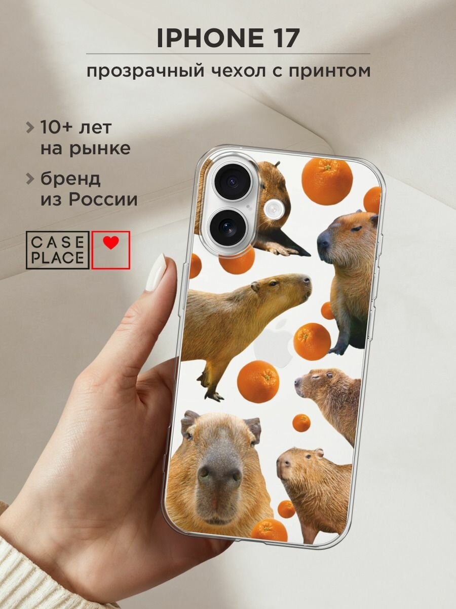 Чехол на Apple iPhone 17 / Айфон 17 с принтом "Капибара и апельсины", прозрачный