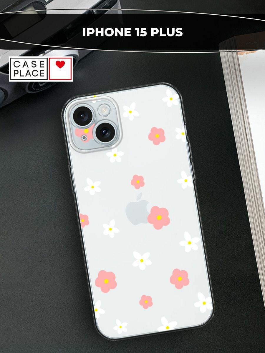 Чехол на Apple iPhone 15 Plus / Айфон 15 Плюс с принтом "Розовые и белые цветы", прозрачный