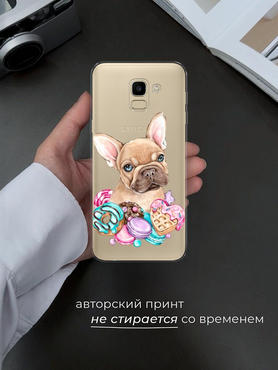 Чехол на Samsung Galaxy J6 2018 / Самсунг Галакси Джей 6 2018 с принтом "Бульдог и сладости", прозрачный — фото 1