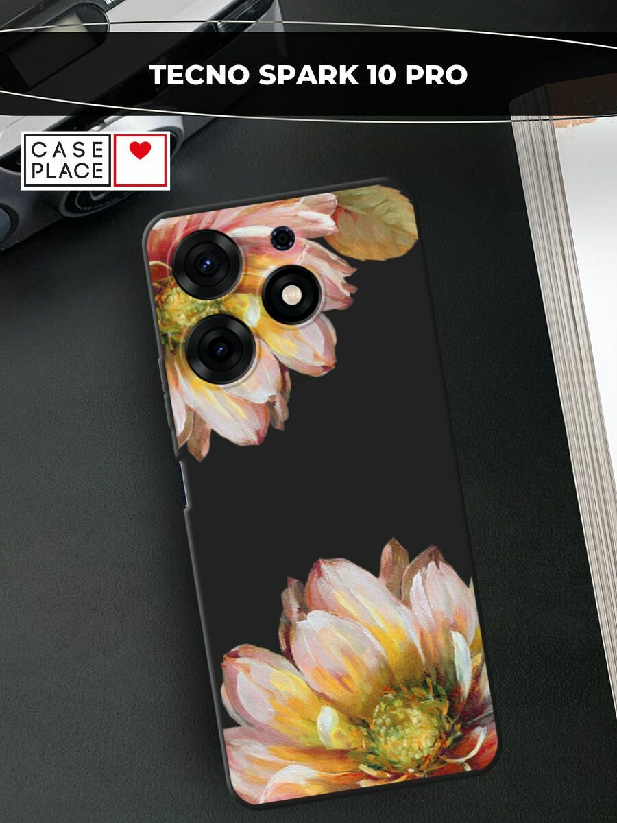 Черный матовый чехол на Tecno Spark 10 Pro / Техно Спарк 10 Про с принтом "Желтые георгины"
