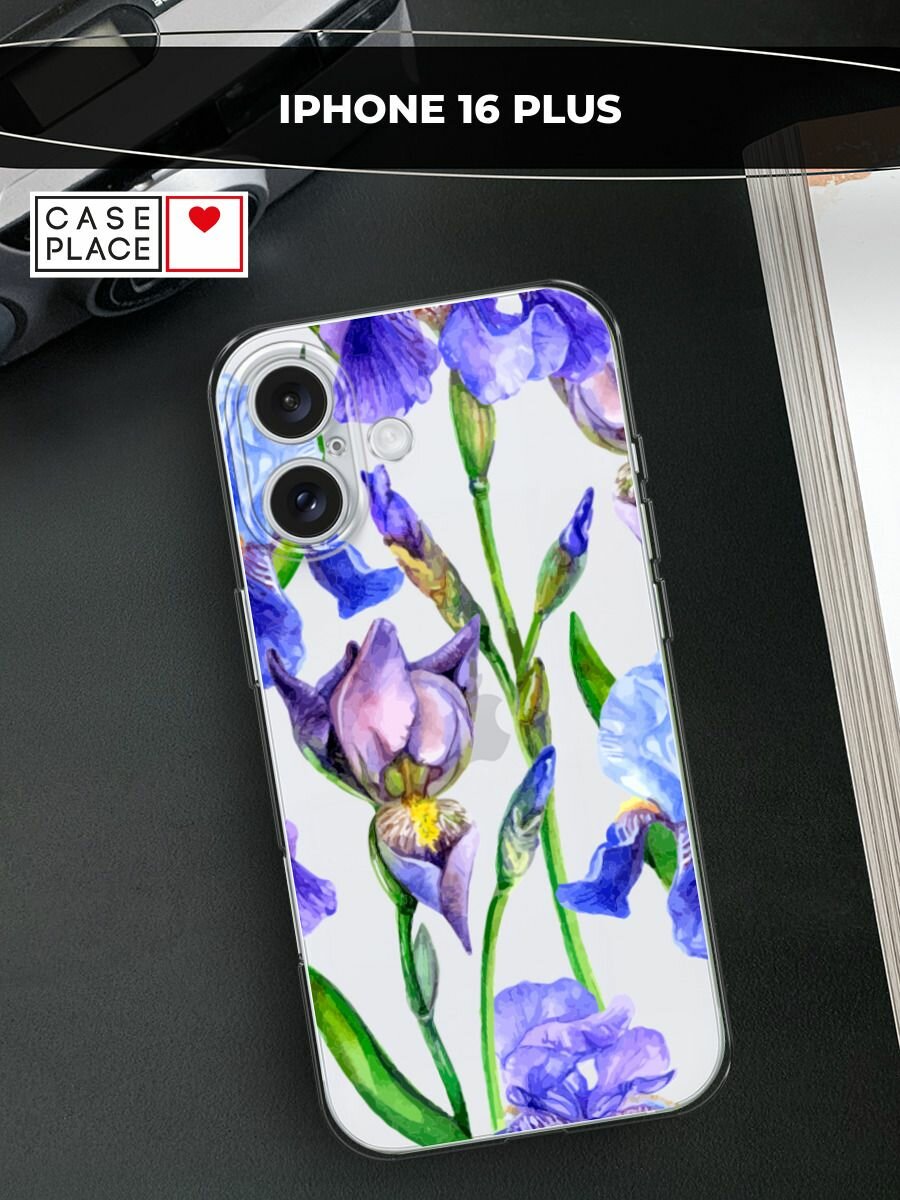 Чехол на Apple iPhone 16 Plus / Айфон 16 Плюс с принтом "Синие ирисы", прозрачный