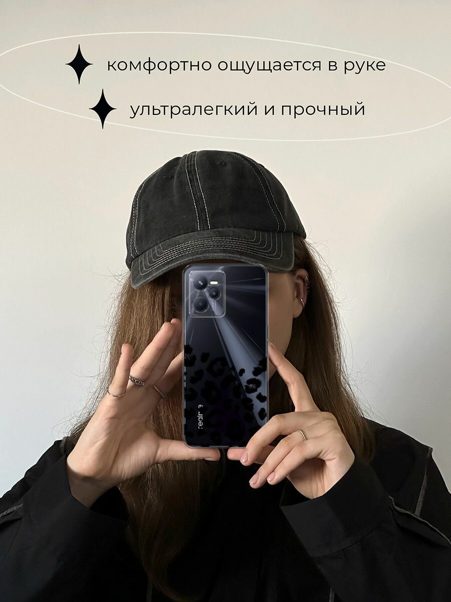 Чехол на Realme C35 / Реалми C35 с принтом "Окрас леопарда фон черный", прозрачный — фото 1