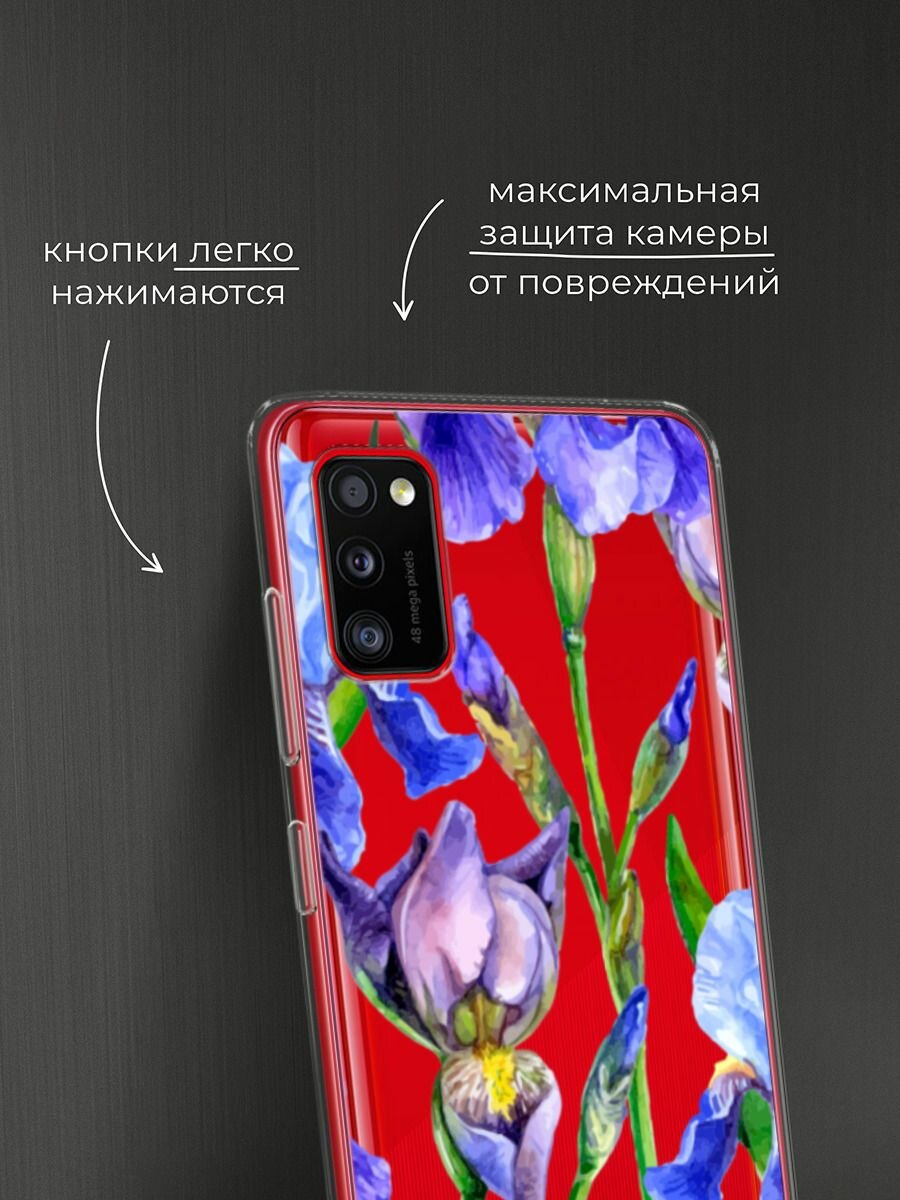 Чехол на Samsung Galaxy A41 / Самсунг Галакси А41 с принтом "Синие ирисы", прозрачный — фото 1
