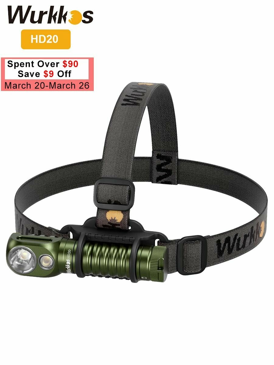 Налобный фонарь Wurkkos HD20 Перезаряжаемый налобный фонарь 2000 лм Двойной Обратная зарядка Магнитный хвост с аккумулятором 21700 Зеленый 5000к
