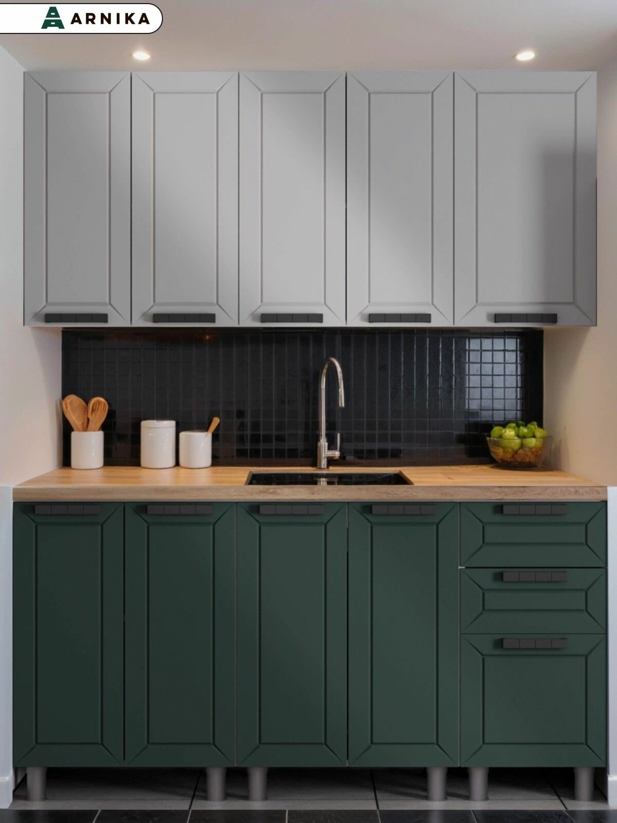 ARNIKA Кухонный гарнитур 1,6м со столешницей Керамика/Изумруд, скоба черный, сонома