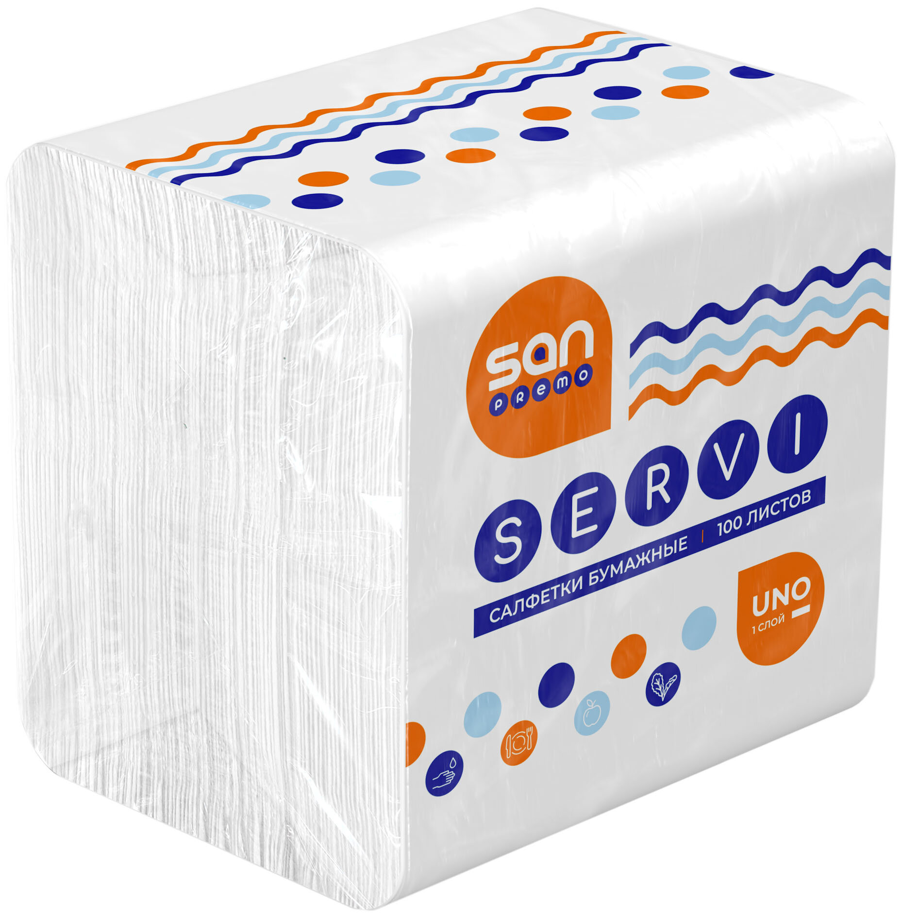 Салфетки SANPREMO Servi SP-S1-100L, 1-слойные, 24х24 см, белые, 100 шт