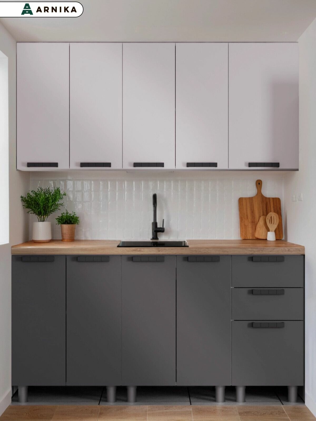 ARNIKA Кухонный гарнитур со столешницей 1,6м Кашемир/Сталь, скоба черный, сонома