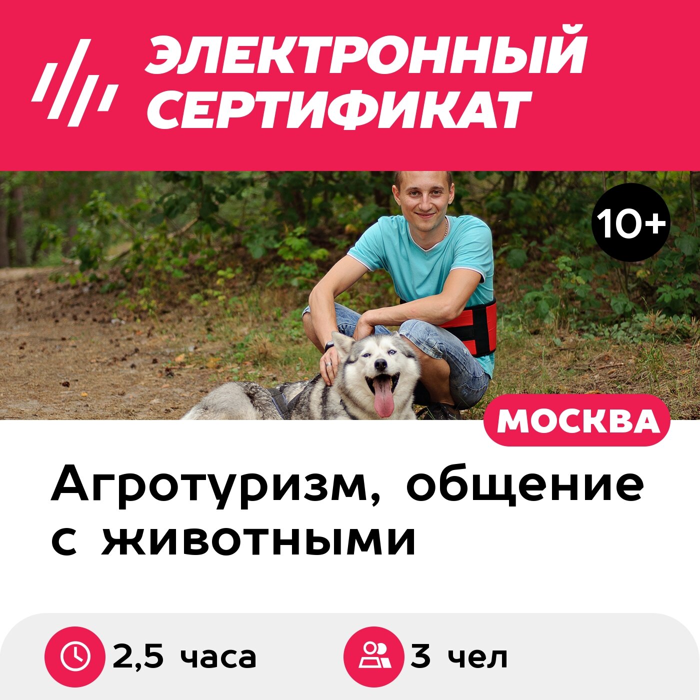 Подарочный сертификат Инд. дог-трекинг и экскурсия в мини-зоопарк, 2 взрослых и 1 ребенок, 2,5 ч