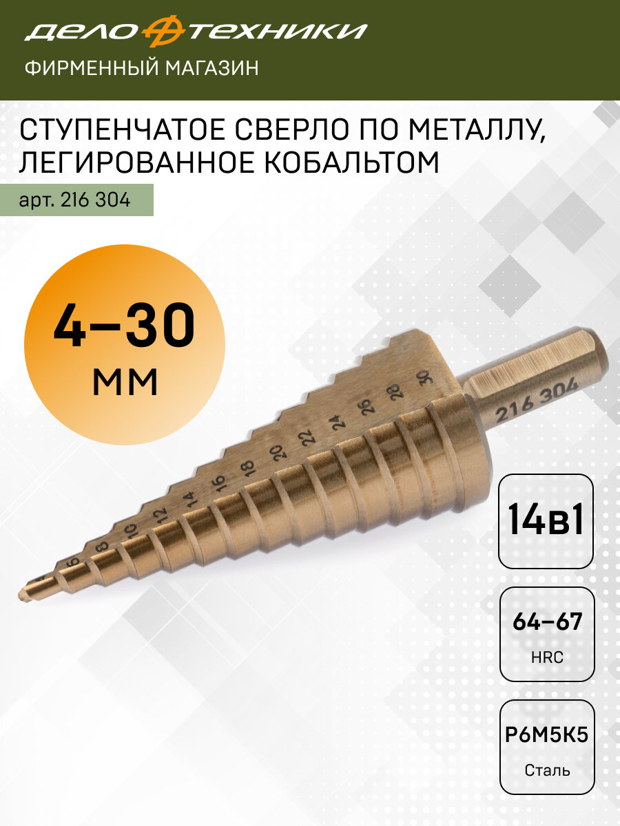 Сверло ступенчатое по металлу Дело Техники Ø4 - 30 мм, 216304