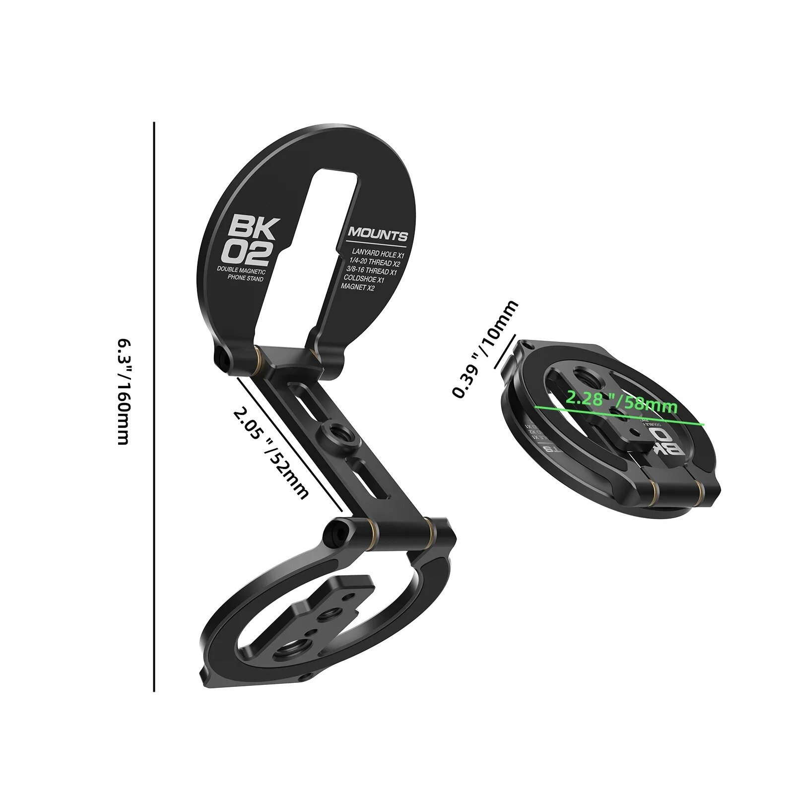 BK02/BK02 Pro Двусторонний магнитный держатель телефона для iPhone Android 1/4 "-20 Крепление на штатив 360 ° Регулируемая складная подставка для телефона BK-02