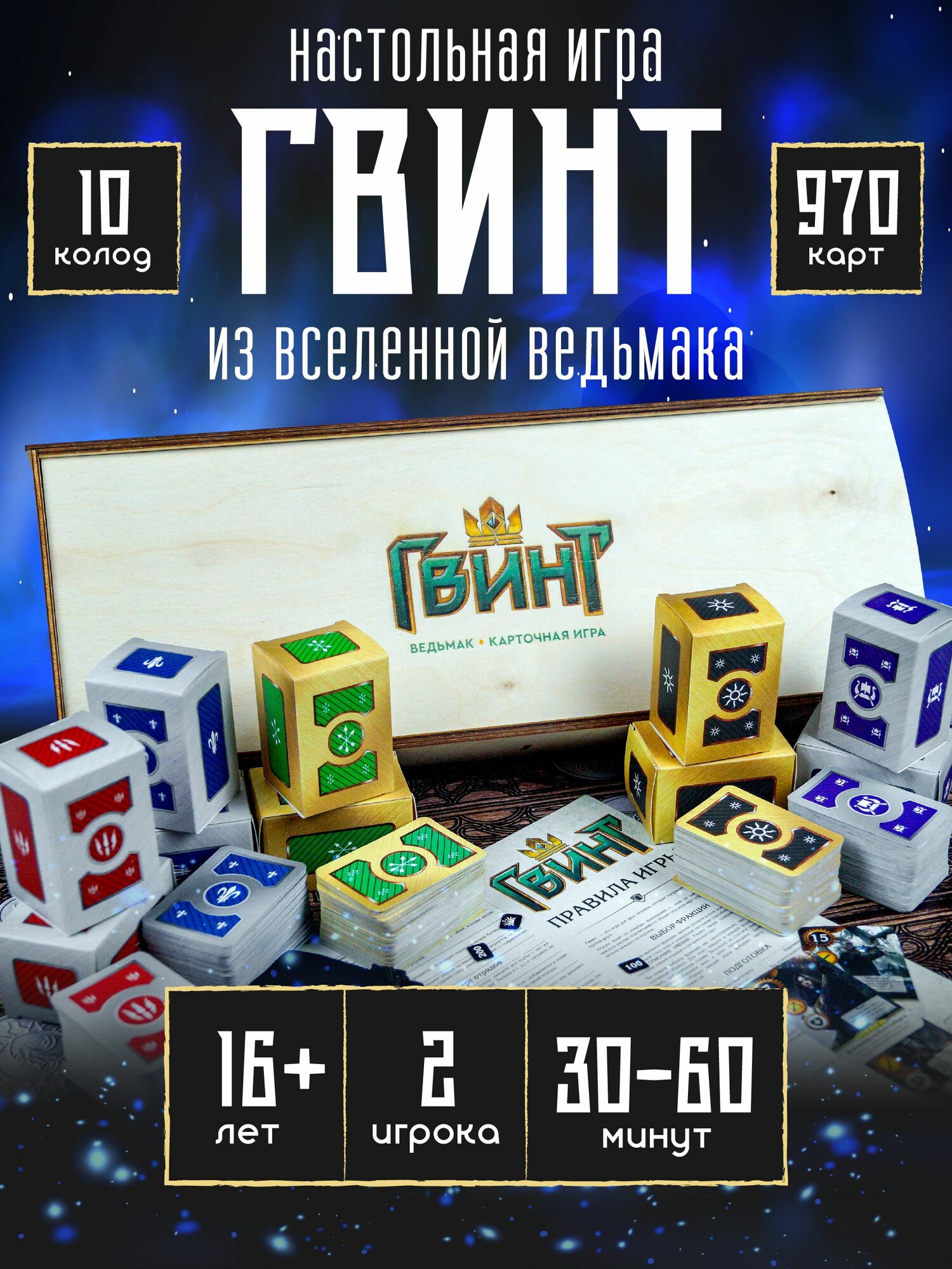 Настольная карточная игра Гвинт (Gwent The Witcher Card Game) / 10 колод в деревянной коробке