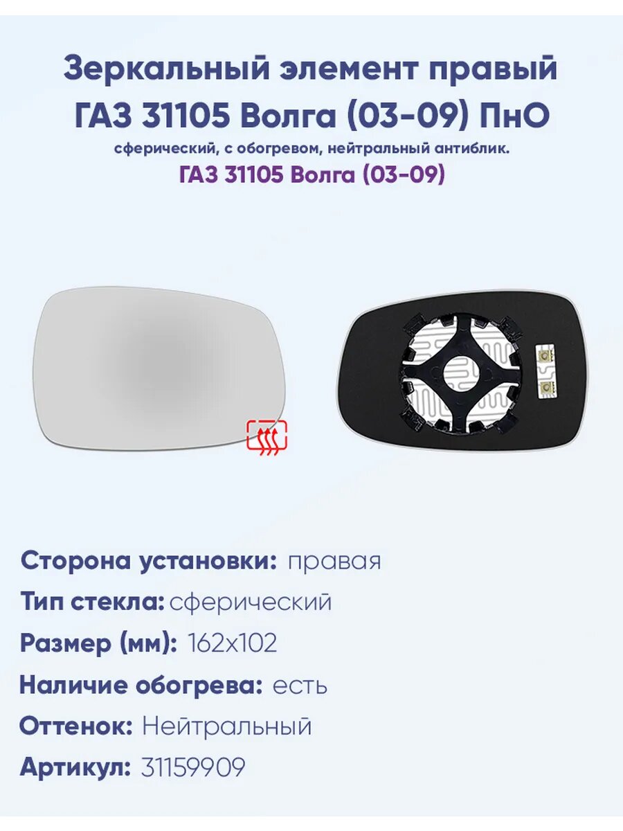 Зеркальный элемент правый ГАЗ 31105 Волга (03-09) ПнО