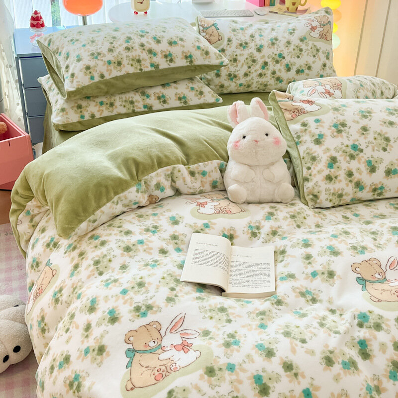 Свежий и элегантный комплект постельного белья из молочного флиса из четырех частей, зимний фланелевый пододеяльник из утолщенного молочного флиса, простыня, постельное белье для общежития,180*200cm