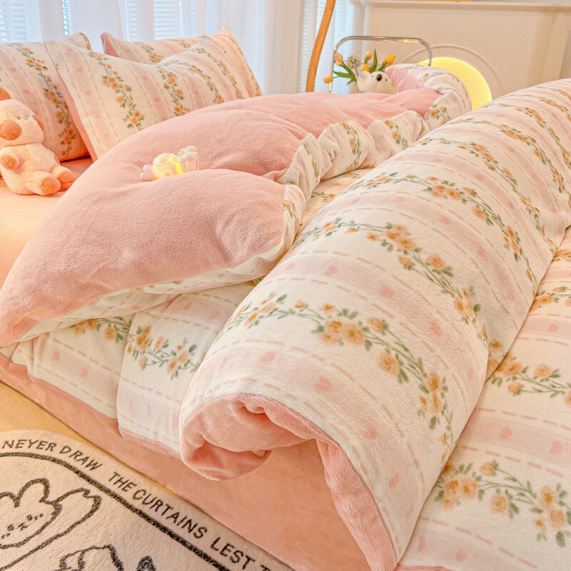 Зимний двухсторонний комплект постельного белья из молочного флиса из четырех частей, утолщенный и теплый пододеяльник из коралловой фланели, комплект простыней из трех частей для общежития,150*200cm