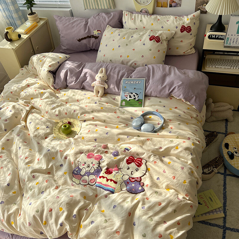 Комплект постельного белья из четырех предметов, вышитый на полотенце из хлопка класса А, новый стиль 2025 года, в горошек с рисунком из мультфильмов, простыня для учениц, пододеяльник, постельное белье,200*230cm