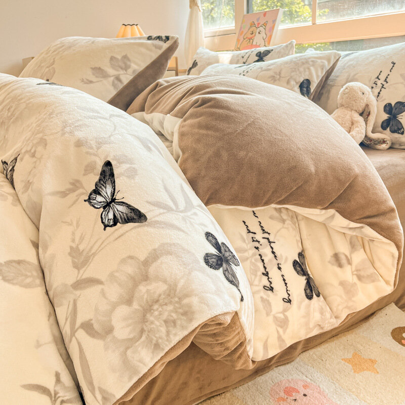 Комплект постельного белья из молочного флиса (4 предмета), простыни и пододеяльник из утолщенного кораллового флиса, зимний флисовый пододеяльник из трех предметов,200*230cm