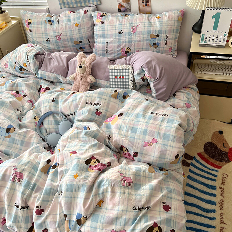 Комплект из четырех простыней из стираного хлопка с милым рисунком (класс А), осеннее постельное белье, пододеяльник для студенческого общежития, комплект из трех предметов,180*220cm