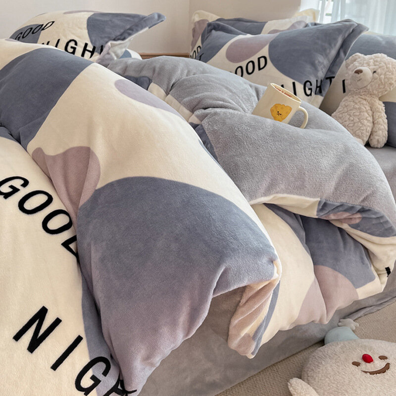 Зимний комплект постельного белья из флиса кораллового цвета из четырех предметов (класс А, пододеяльник из молочного флиса, утолщенное фланелевое постельное белье, простыни и пододеяльники на флисовой подкладке),200*230cm