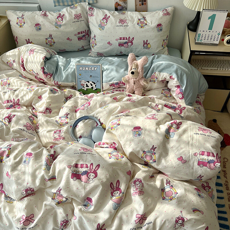 Комплект из четырех простыней из стираного хлопка с милым рисунком (класс А), осеннее постельное белье, пододеяльник для студенческого общежития, комплект из трех предметов,200*230cm