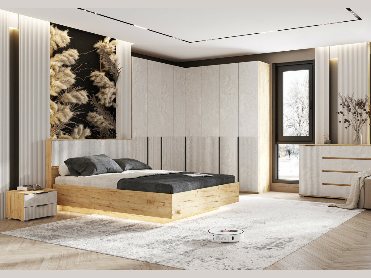 Модульная спальня с фрезеровочными фасадами, Дуб крафт/Мальта