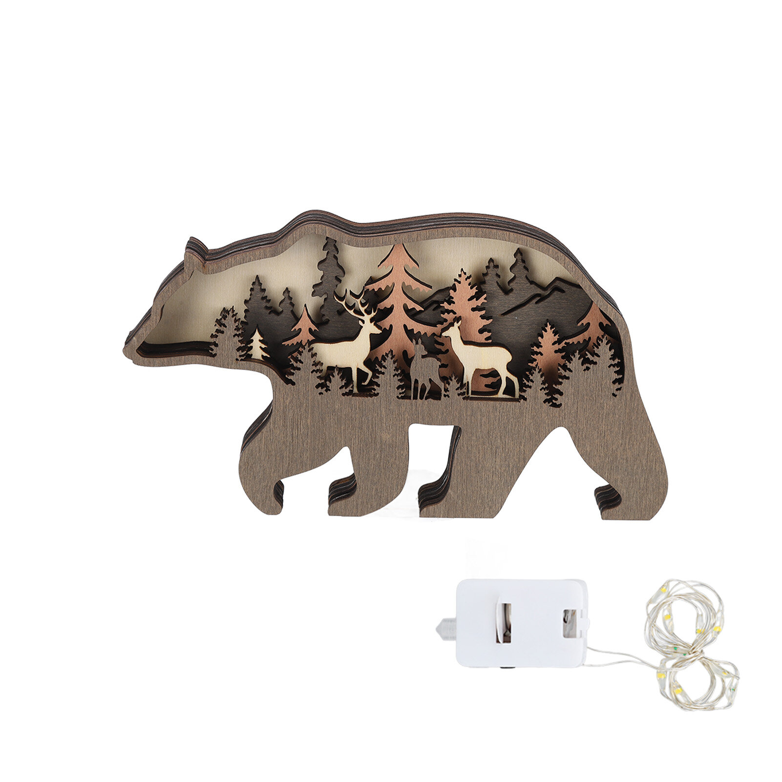 3D-резьба по дереву в виде лесных животных, многослойное светящееся украшение со светодиодной гирляндой в виде медведя.