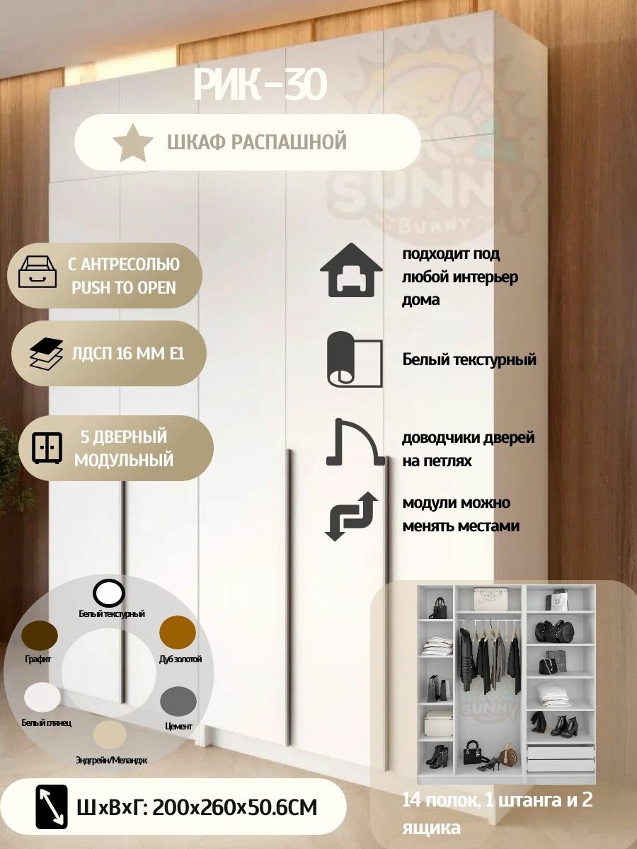 Шкаф распашной РИК 30, 5дв. с антресолью, модульный, (Белый текстурный), 260х200.1х50.6 см.