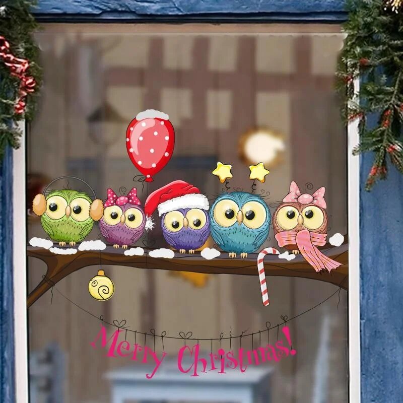Наклейка на окно "Совы на ветке, Merry Christmas", бежевая
