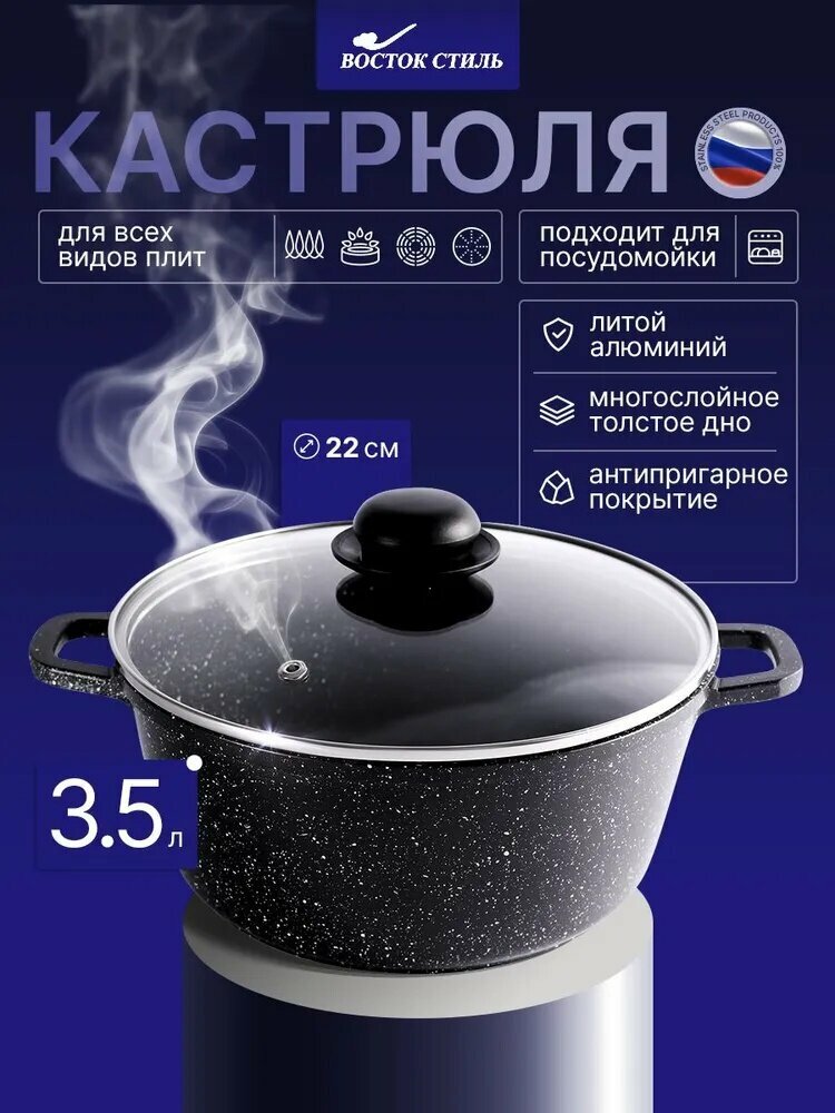 Кастрюля с крышкой с антипригарным покрытием из литого алюминия, для всех типов плит, 3.5 л