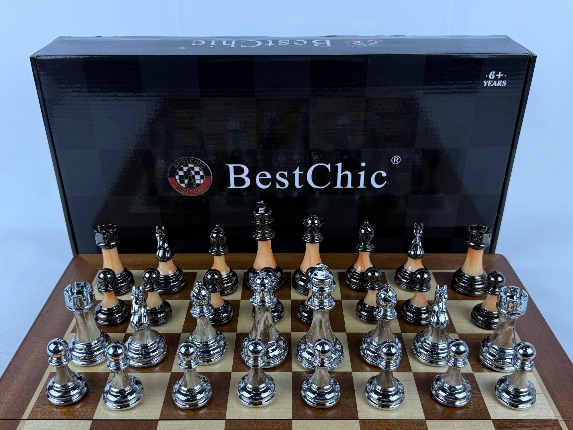 Высококачественные акриловые + металлические тяжелые шахматные фигуры с деревянной доской