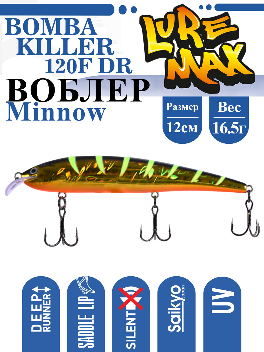 Воблер для рыбалки LureMax BOMBA KILLER 120FDR-066 16,5 г. для троллинга (судак, щука) плавающий
