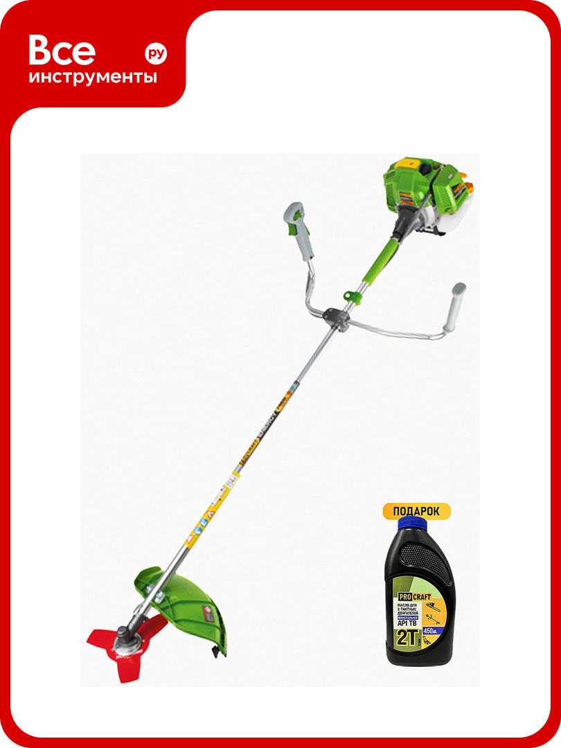 Коса бензиновая двухтактная PROCRAFT 42,7 см3, 1.63 л. с. леска+2 диска+нож, неразборный вал Т4500