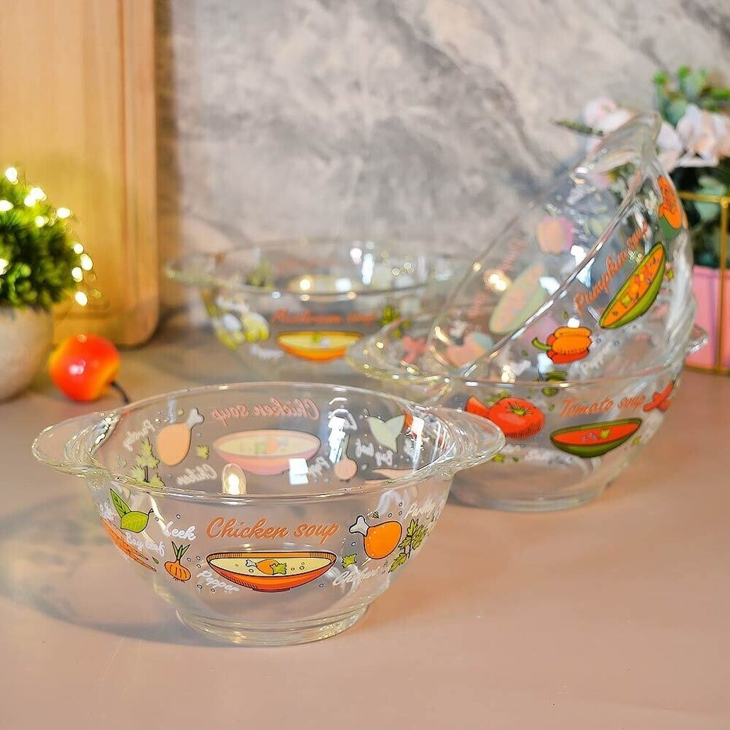 Бульонница стеклянная 560мл, с рисунком, удобные ручки, 13.5см