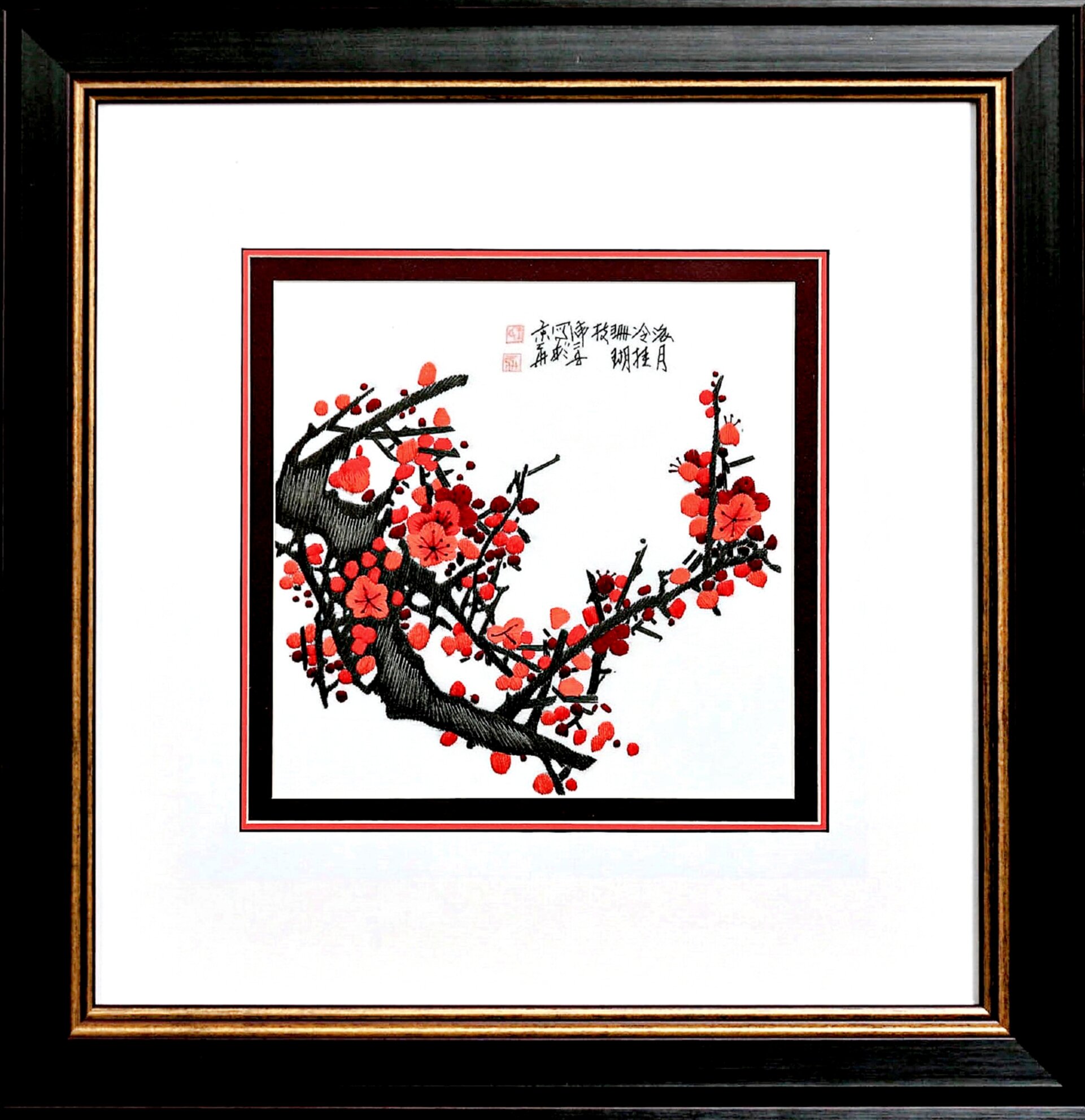 Картина Живой Шелк Бансай-сакура, вышивка шелком ручная с 3Dэффектом/см 40х40х3/багет+паспарту