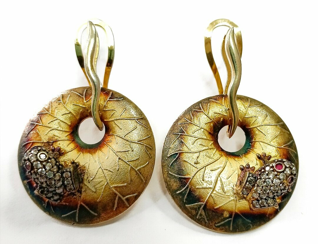 Серьги, серебро, 925 проба, чернение, золочение, рубин, фианит