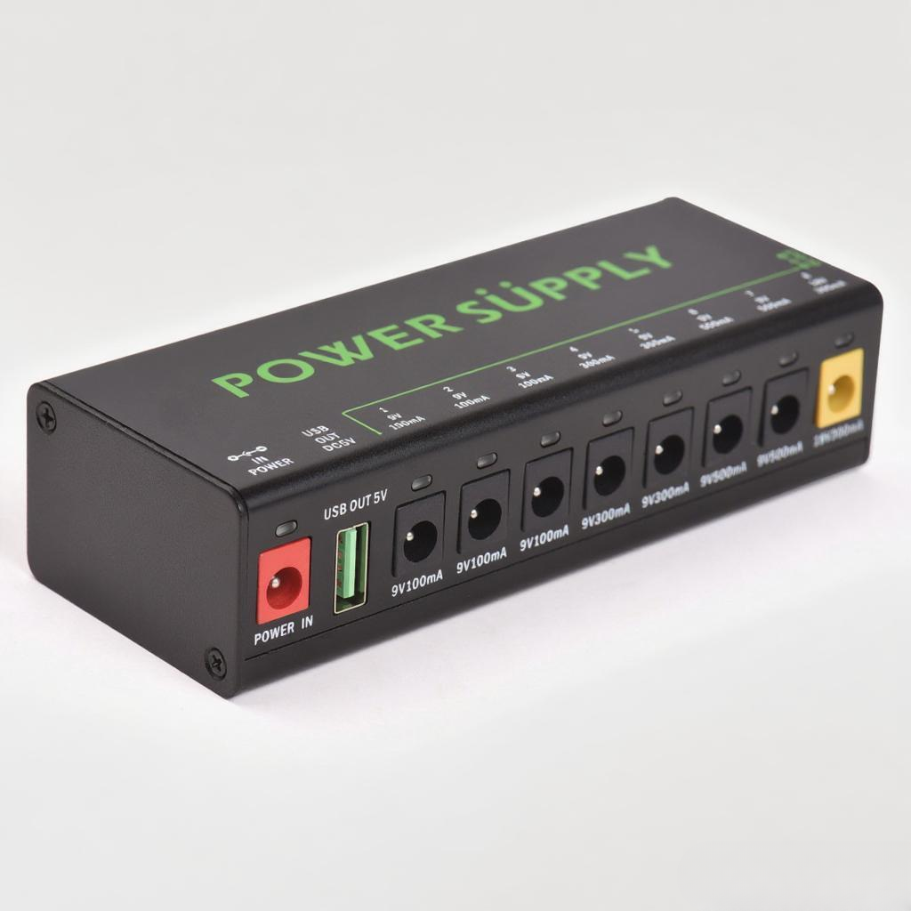 8-канальный блок питания для гитарных педалей с независимой защитой от короткого замыкания, светодиодным индикатором питания, источник питания для педалборда и гитарных эффектов, а также других портативных устройств.