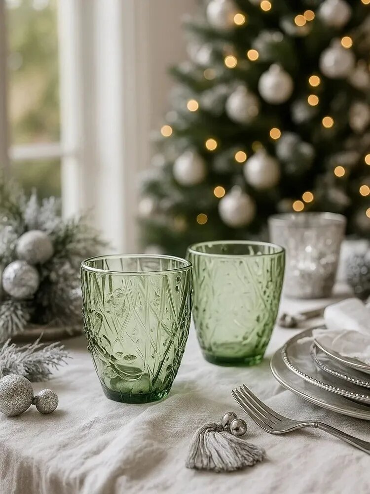 Набор цветных стаканов, зеленых 2 шт, 340 мл, с рисунком "Стрекоза". Упрочненное цветное стекло.