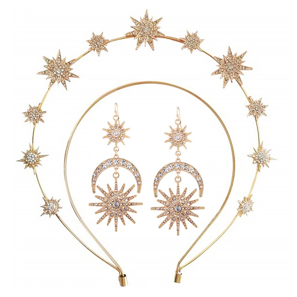 Women Halos Crowns Headband Tiaras Baroque Hair Accessories Dangle Star Moon Earrings Goddess Headpiece for Wedding
