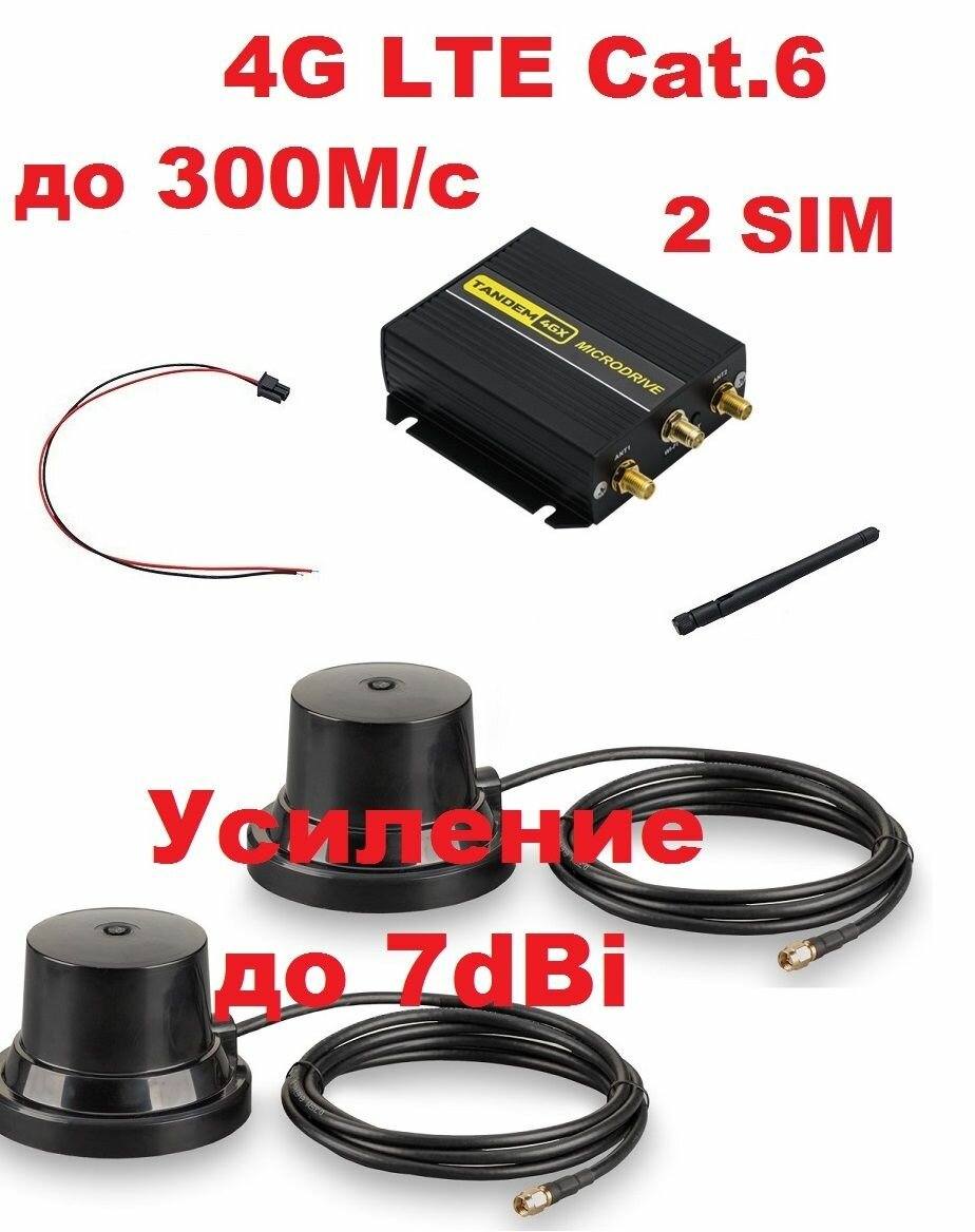 Автомобильный роутер 4G LTE Cat.6 до 300 Мбит/с, 2 SIM-карты, с антеннами крокс (кабель 2м) Автопереключение сетей Разработка РФ