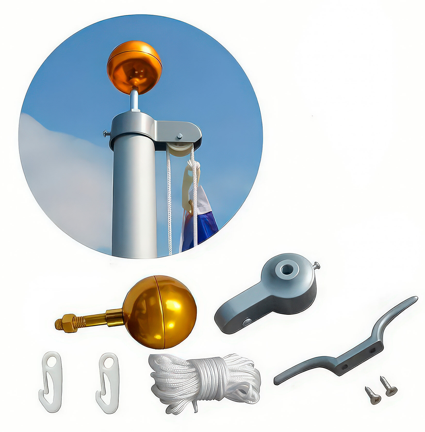 Комплект креплений для флагштока, с системой поднятия флага.