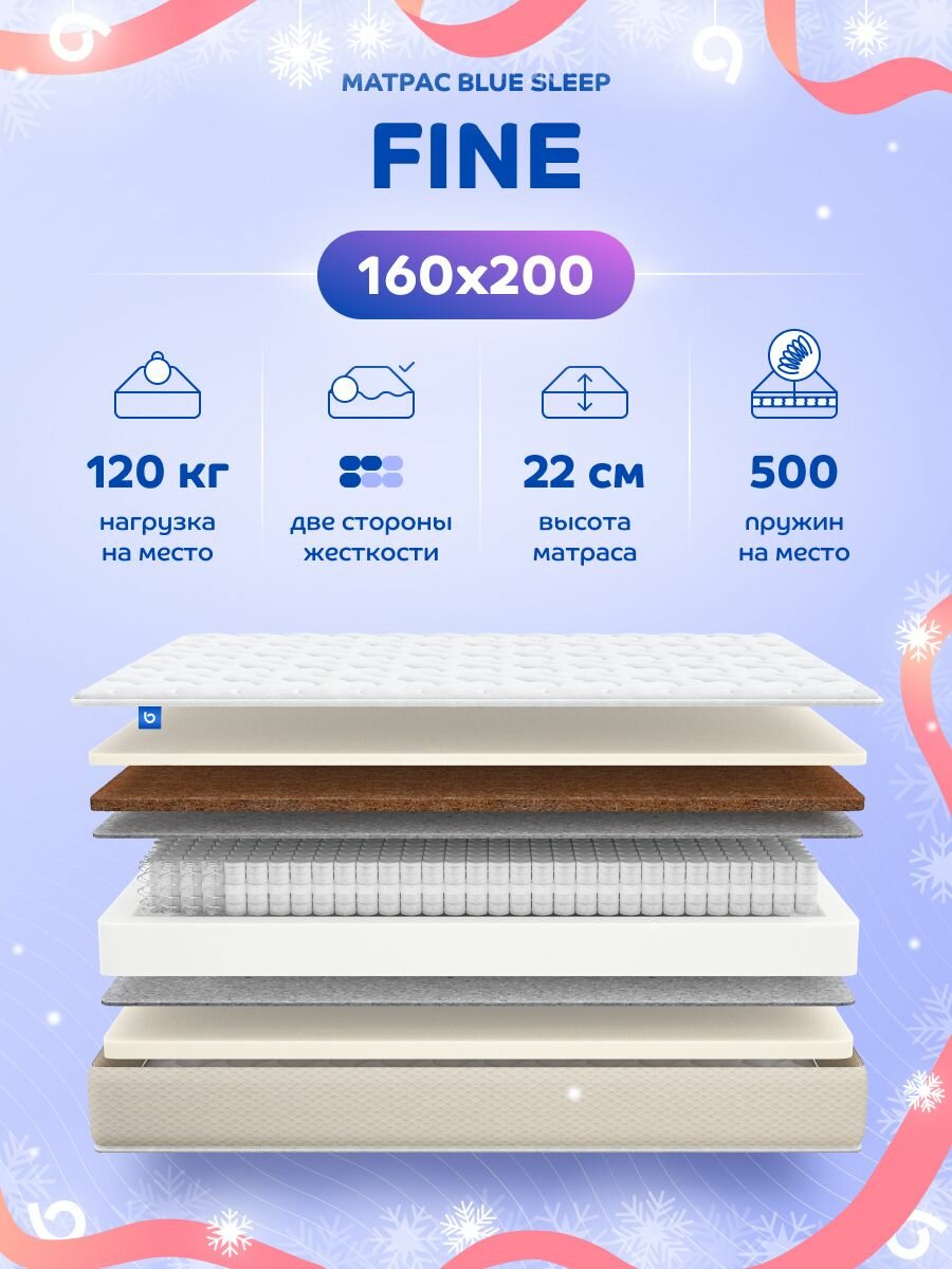 Blue Sleep Матрас 160х200 ортопедический пружинный анатомический Blue Sleep Fine, 22 см