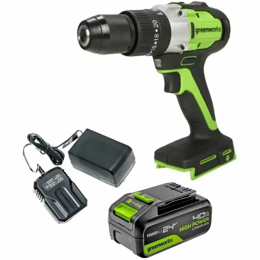 Дрель-шуруповерт Greenworks GD24DD60 (3704107CUB) ударная аккумуляторная, 24V, бесщеточная, 30/60Нм, 1х4Ач, ЗУ, кор