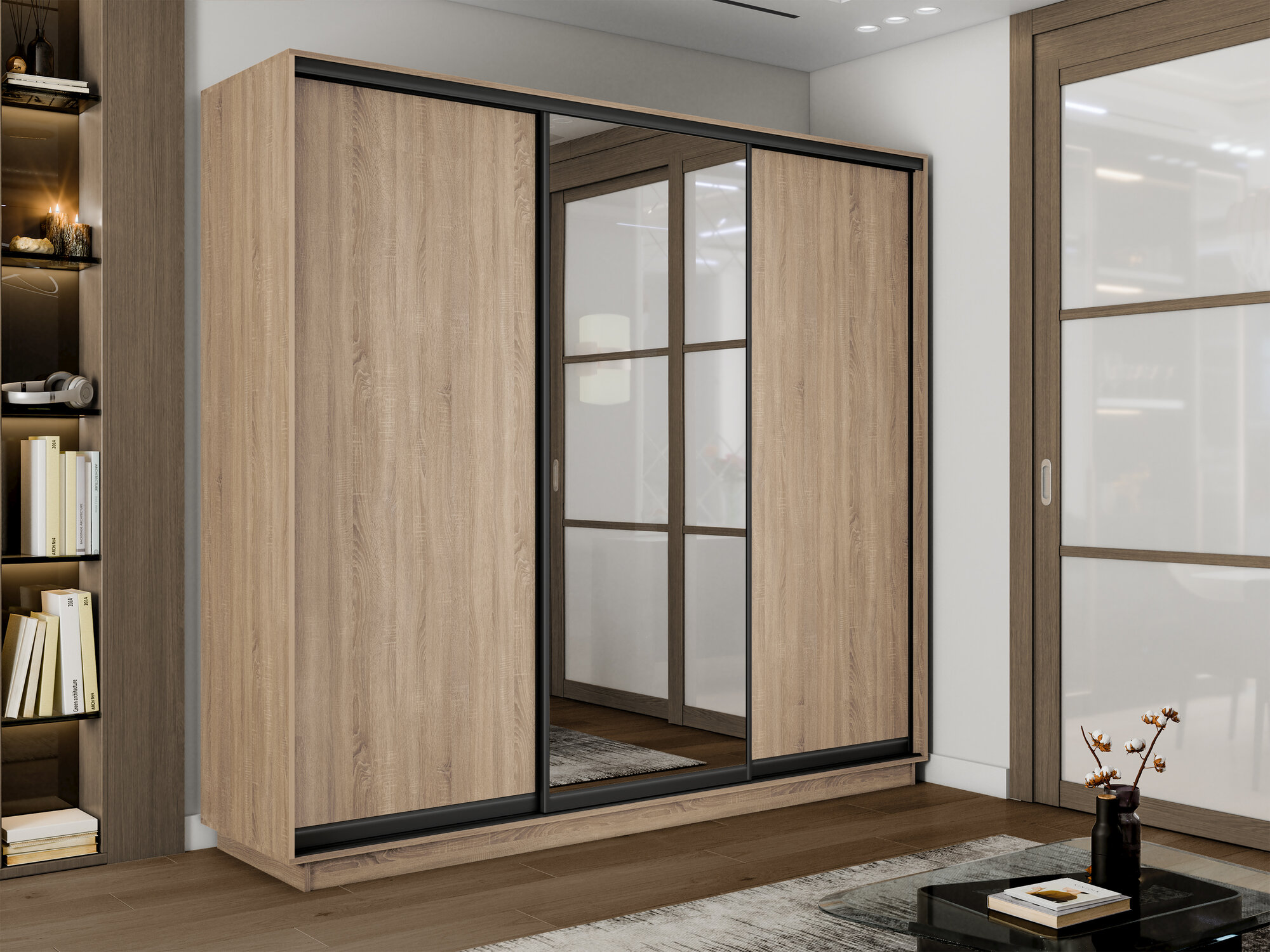 Шкаф купе Вилли 3-х дверный ЛДСП с зеркалом, профиль черный 210 см х 220 см х 45 см (Дуб Сонома)