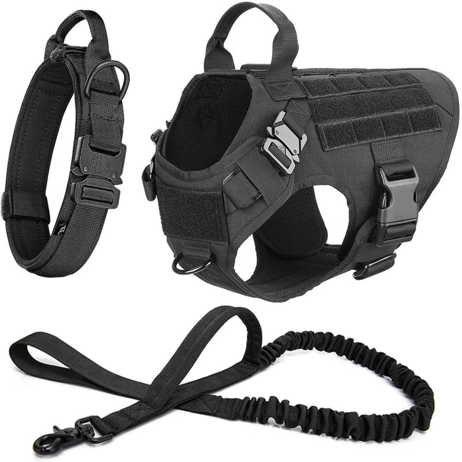 Juego De Correa Y Collar con Arnés para Perros Táctico Militar Mediano Y Grande Pastor Alemán K9 Labrador Chaleco De Entrenamiento para Acampar Correa 97CM largo × 2.5CM ancho extensible hasta 140CM Talla M rango ajustable 36-48CM ancho 3.8CM para perros