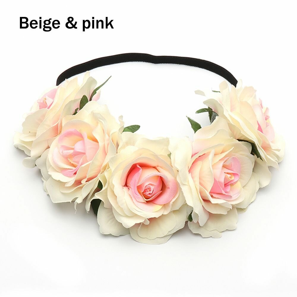 Цветочная повязка с розами на голову - эластичный венок из ткани, 5 цветов Ø11 см, бохо для свадьбы, фотосессии