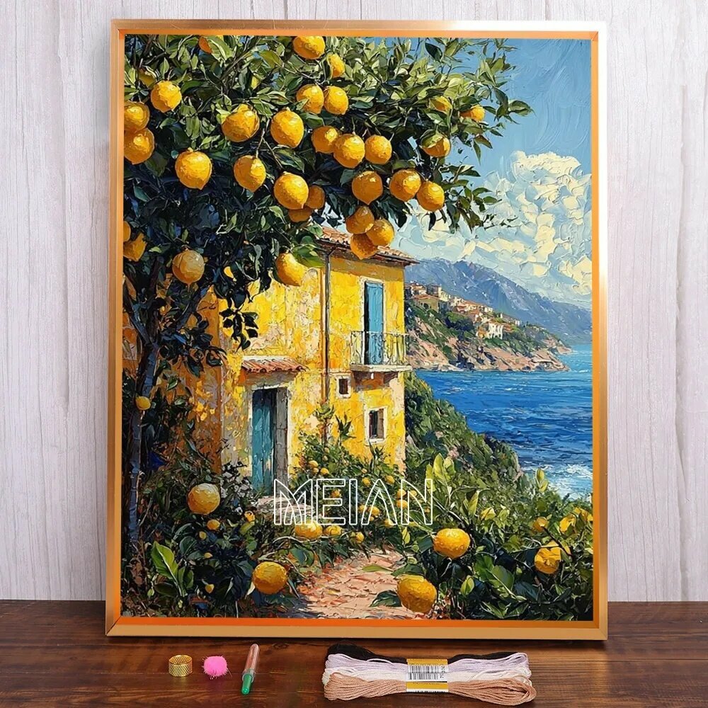 MEIAN Крестный комплект стежка,40x50CM, Чистый холст с сеткой,14CT, Лимонное дерево у моря